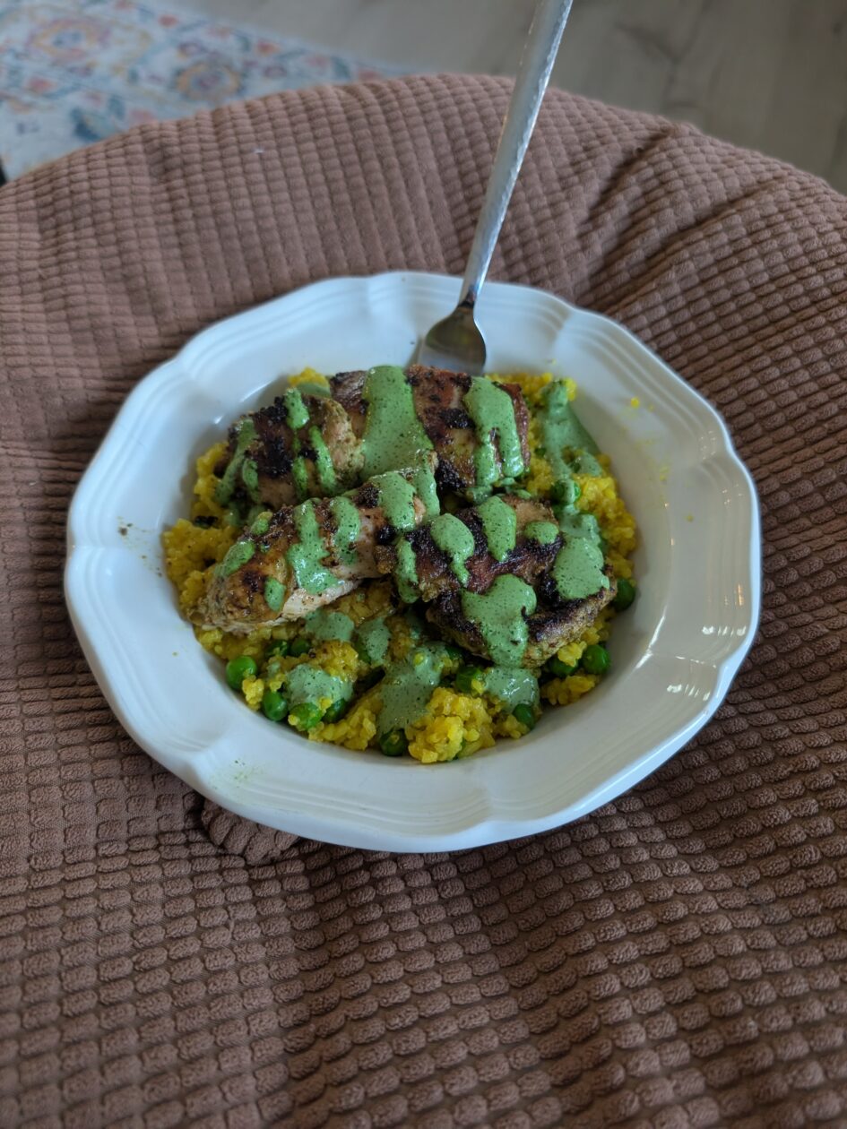 Peruvian Chicken & Rice with Green Sauce | Gimme Delicious