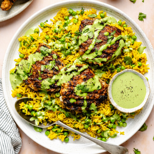Peruvian Chicken & Rice with Green Sauce | Gimme Delicious